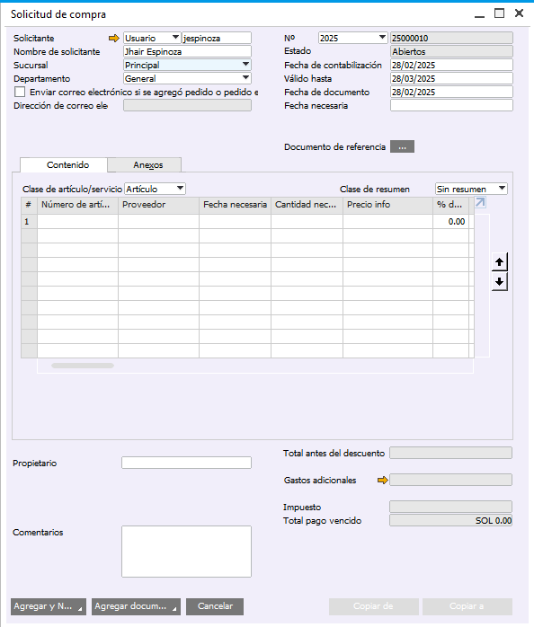Compras Nacionales - Solicitud de compra (artículos y servicios)